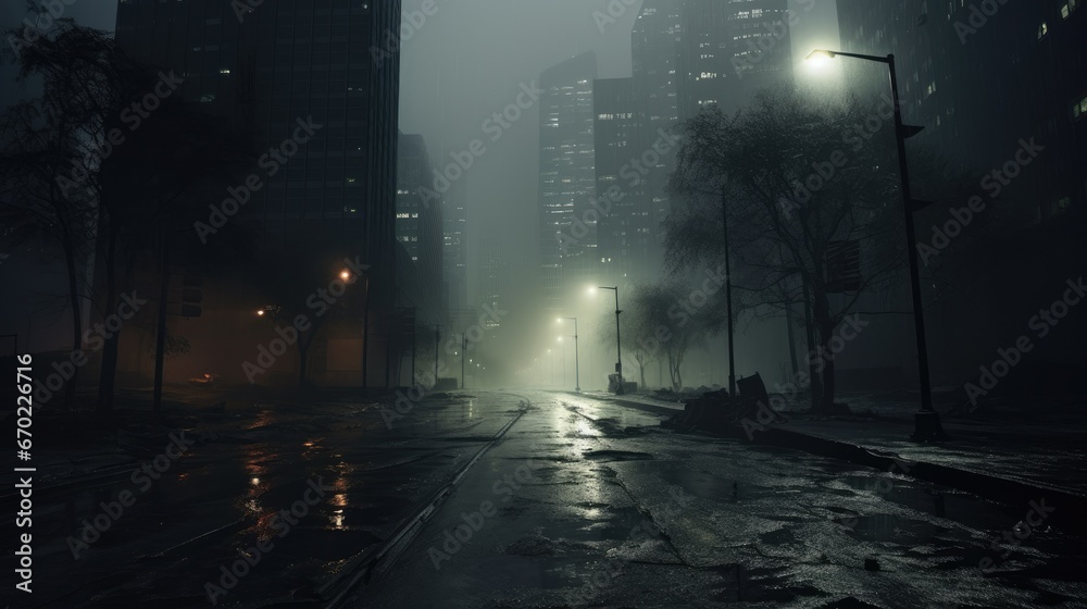 Mysterious cityscape with foggy, abandoned streets, tall buildings, and ...