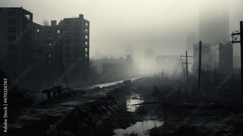 Desolate urban landscape shrouded in fog, revealing decaying buildings and abandoned ...