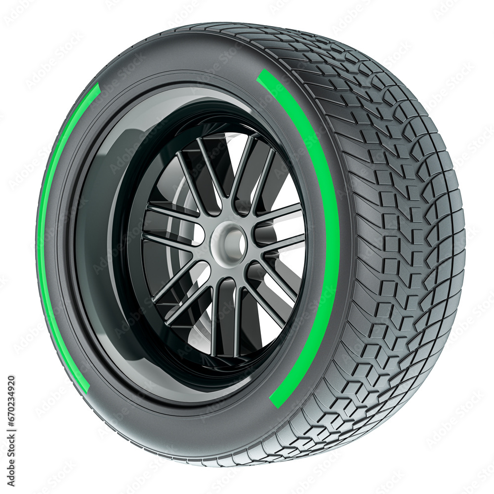 Racing wheel with Green Intermediate Compound type tyre, 3D rendering ...