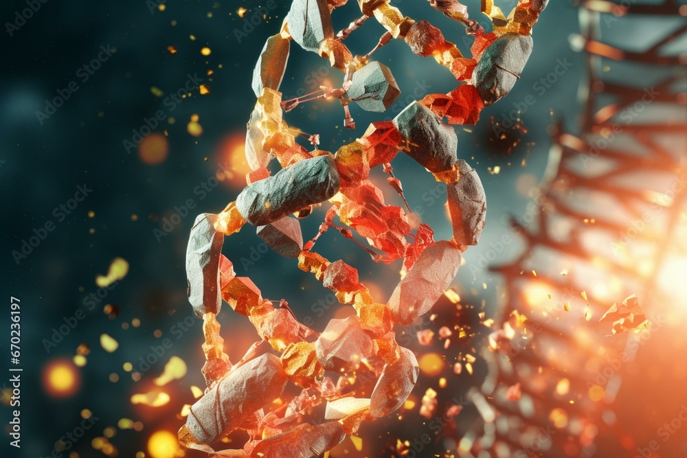 3D illustration depicting a damaged DNA molecule, showing destruction ...