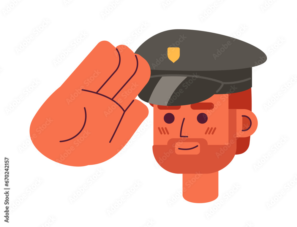 Caucasian policeman saluting 2D vector avatar illustration. Authority ...