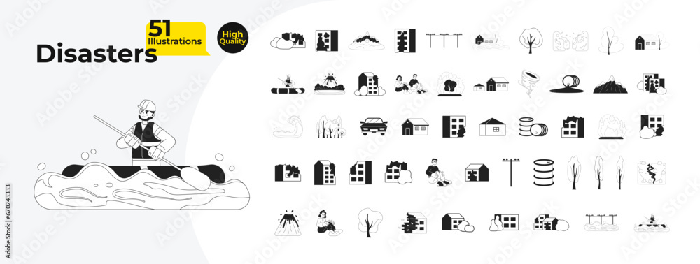 Natural disasters urban black and white cartoon flat illustration ...
