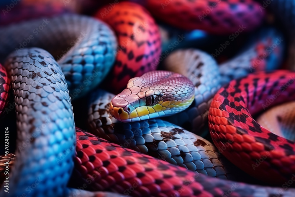 Realistic image of colored snakes as background close-up. AI generated ...