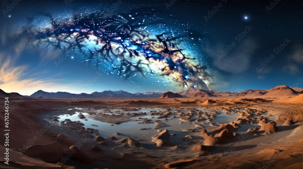 A panoramic view of a starry night sky in the Atacama Desert, Chile ...