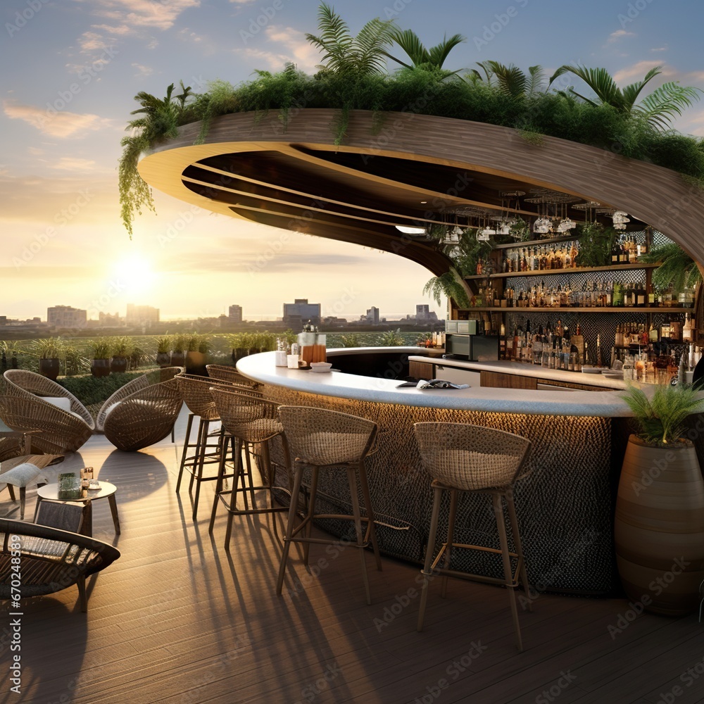 an oasis beer garden on a rooftop with a curved modern bar counter ...