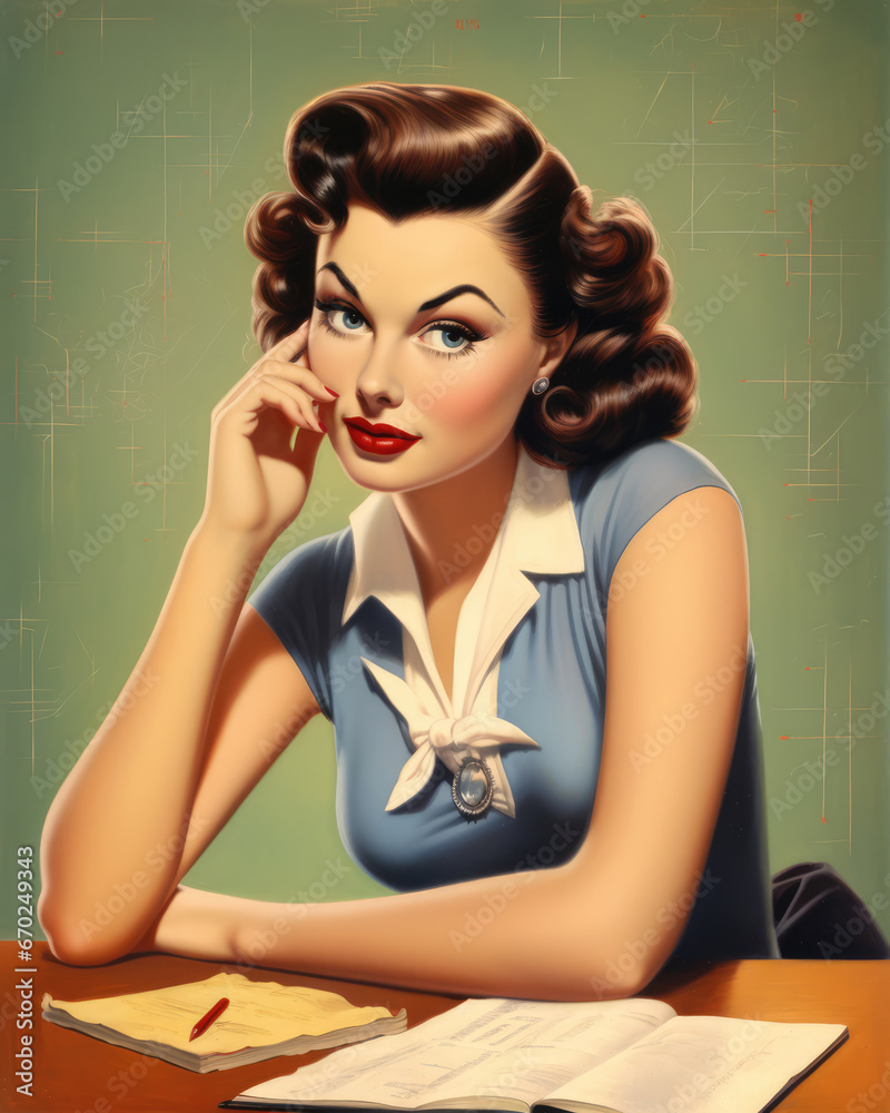 Retro 1960's pin up style postcard of woman teacher sits by the table ...