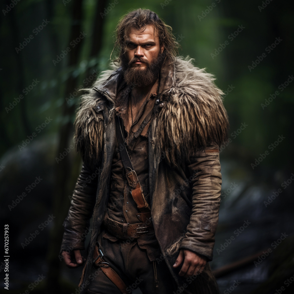 man in animal skin in the forest. wild man hunter. ai generated Stock ...