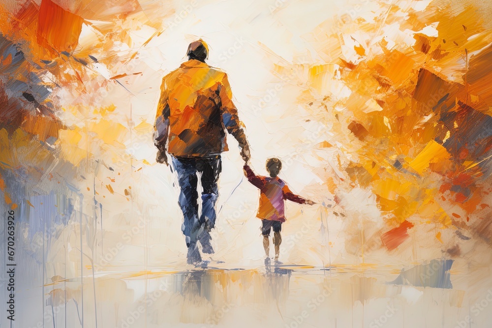 Lonely father walking hand in hand with son child. Concept illustration ...
