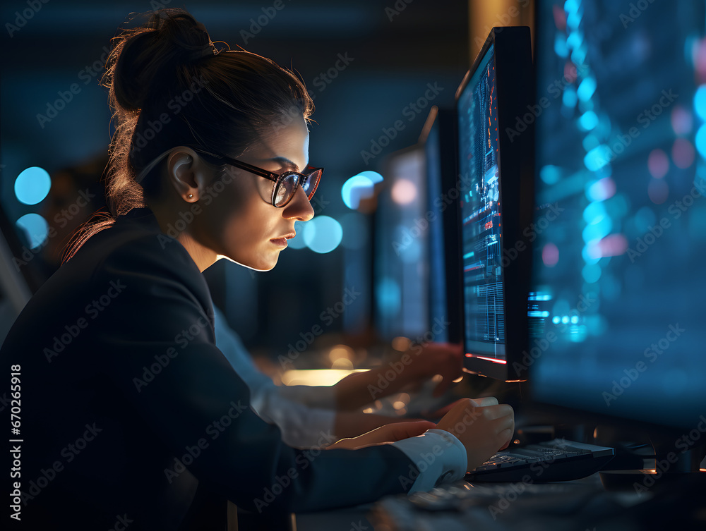 Software developer staring at multiple screens lines of code reflecting ...