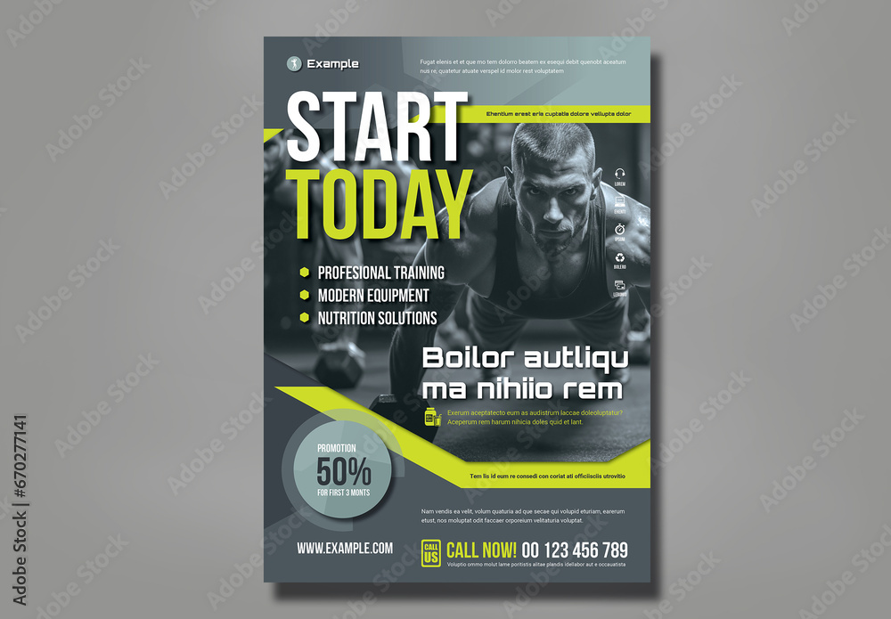 Modern Male Sport Offer Template for Gym in Dark Green with Lime ...