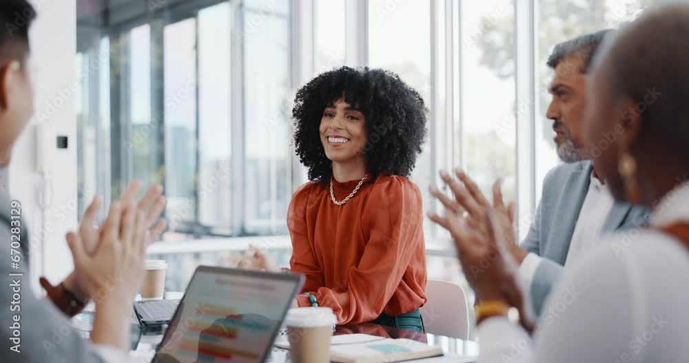 Promotion, meeting applause and happy black woman with business people ...