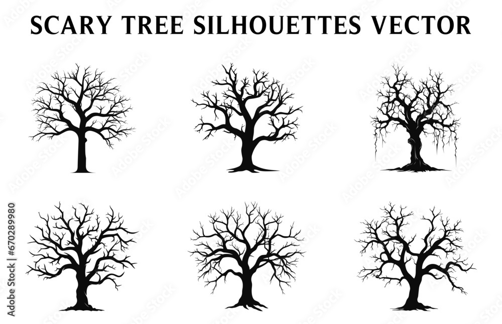 Scary Dead Tree black Silhouettes illustration Set, Halloween tree ...