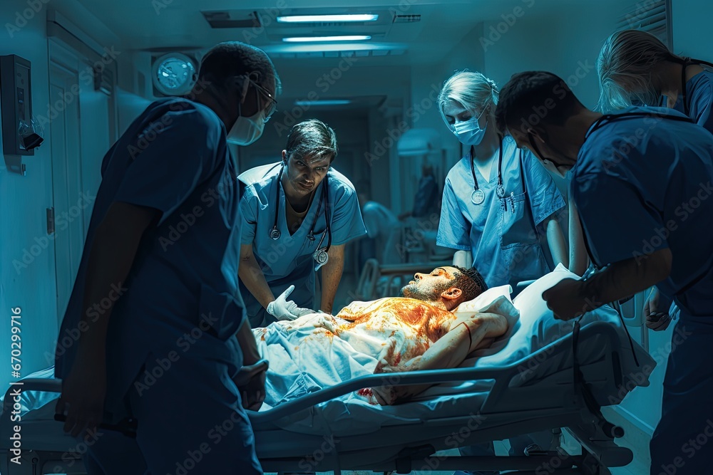 emergency department doctors nurses surgeons move seriously injured ...