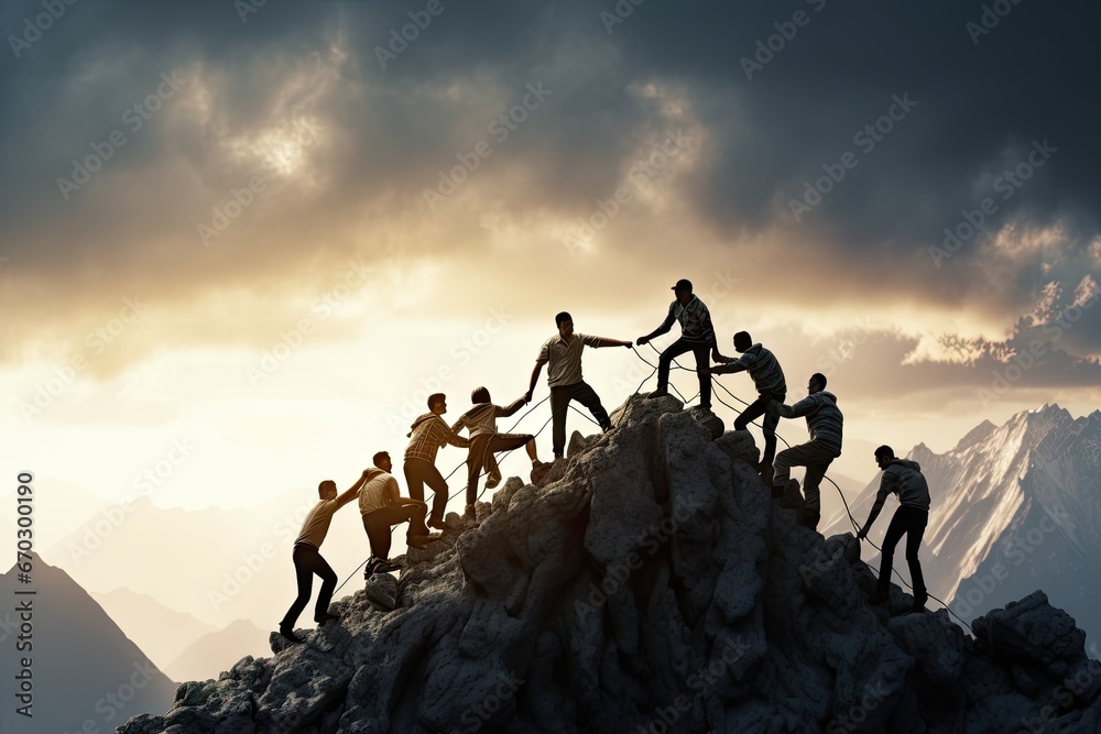 s work team helping climbing mountain peak people group accomplishment ...