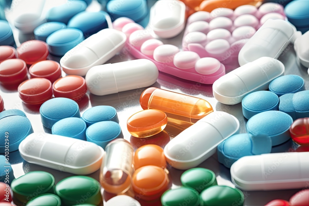 pile colorful medicine pills capsules blister packs analgesic ...
