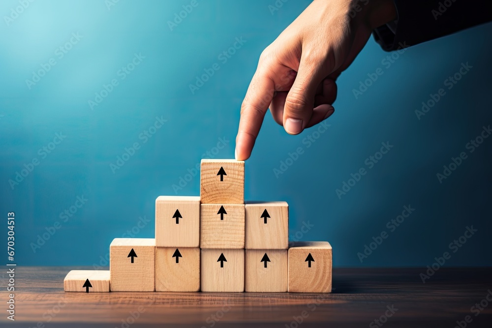 space copy background blue paper stair step stacking block wood ...