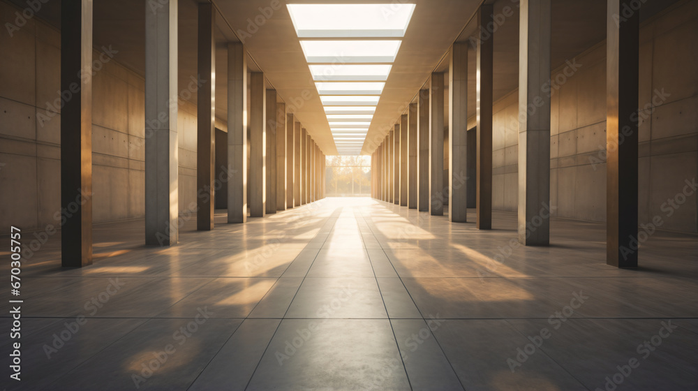 low angle photo of wide corridor going back to a vanishing point, lined ...