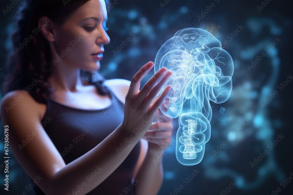 woman using gital x ray human intestine holographic scan projection 3d ...
