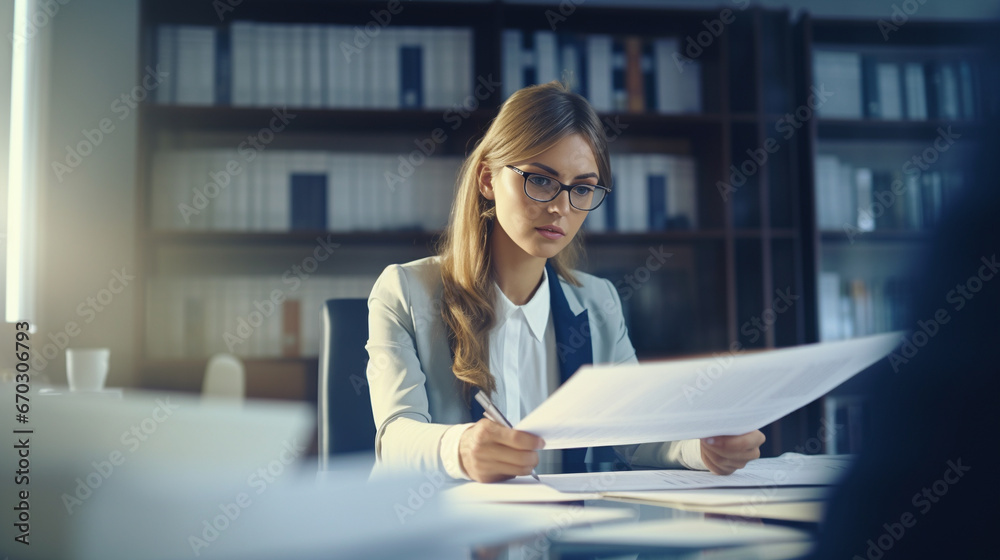 The paralegal is in the busy office, focusing on the documents and ...