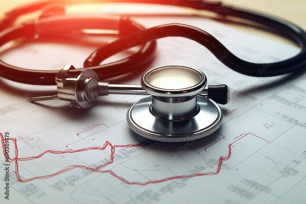 a stethoscope top ekg chart cardiogram activity canvasses analysis ...