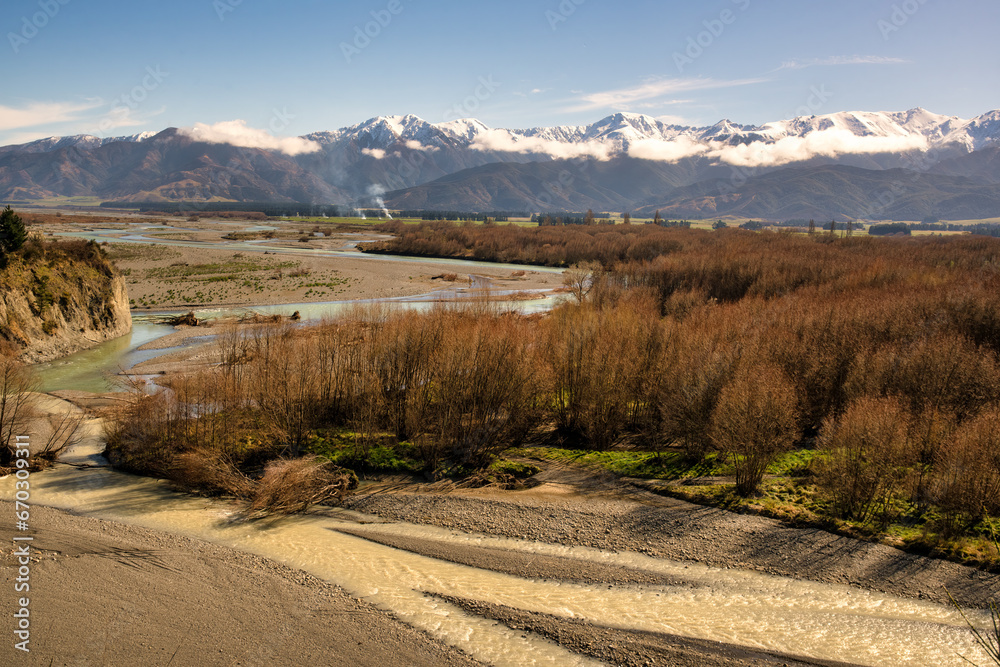 River and Southern Alps scenery from where the Waiau and Hanmer rivers ...