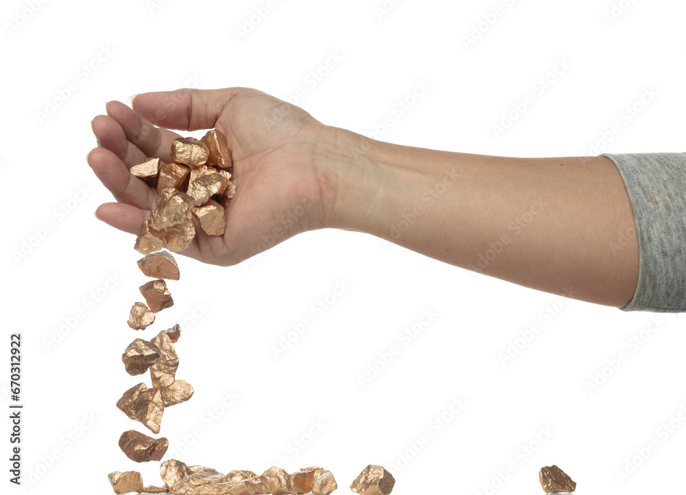 Gold ore nugget fall from industrial Miner hand fingers. Many pieces ...