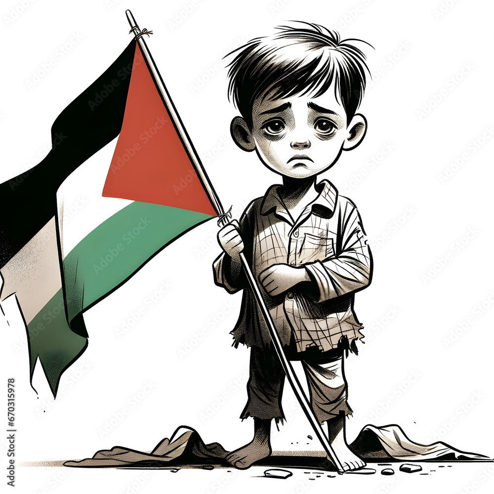 young boy with a saddened expression, wearing slightly tattered clothes ...