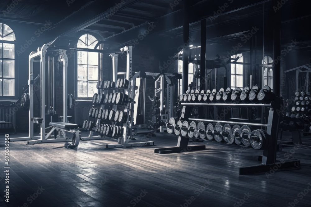 old gym interior equipment fit fitness physical exercise training sport ...