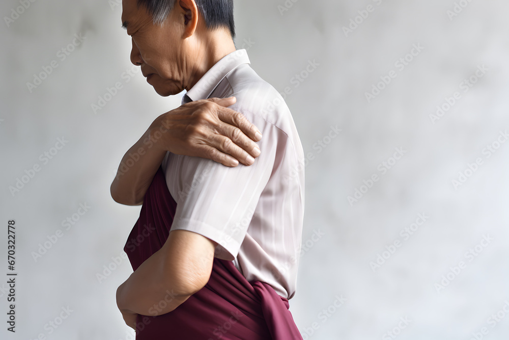 Stiffness in shoulder joint of Asian man. Frozen shoulder or arm muscle ...