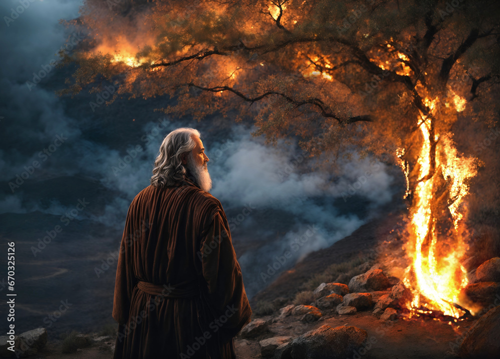 Moses witnesses God in the shape of a burning bush tree. Religious ...