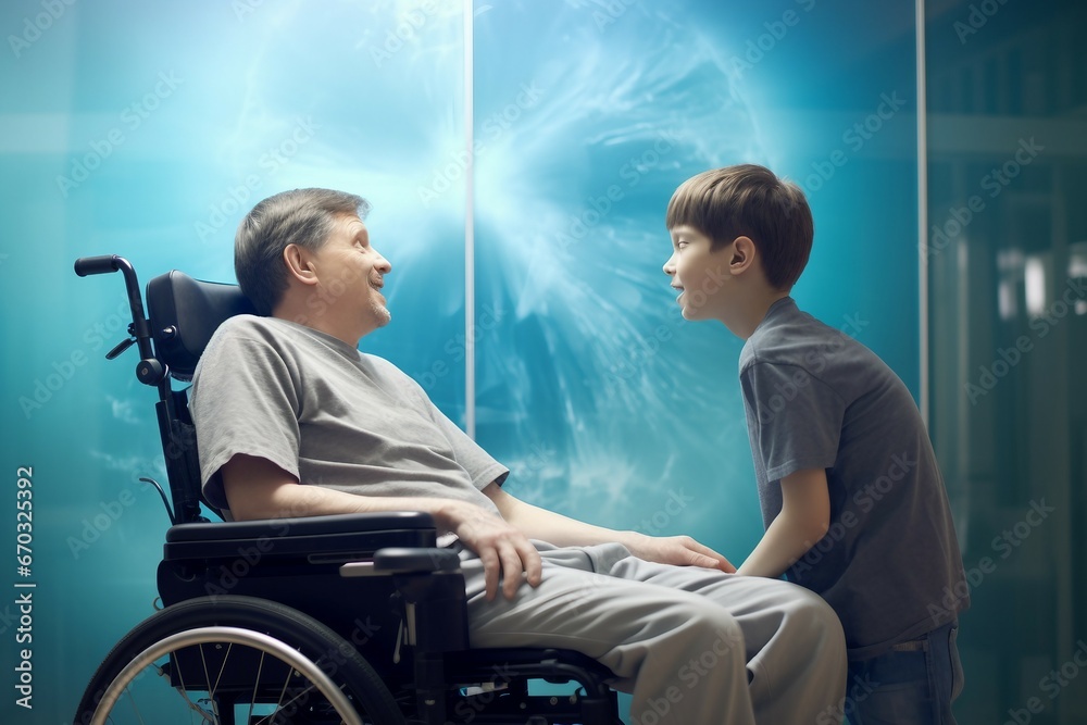 disabled little boy wheelchair talking father hospita photogenic cute ...