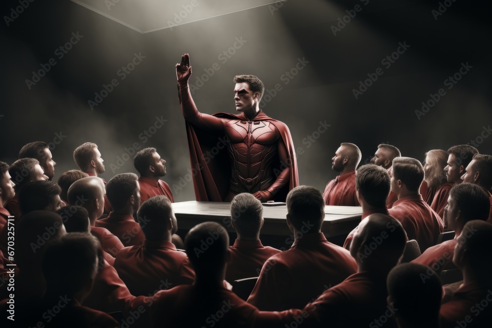 Man superhero addressing a crowd with a powerful speech, embodying ...