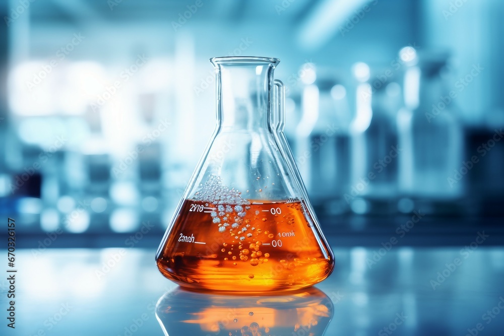 orange solution science glass flask blue chemistry school laboratory ...