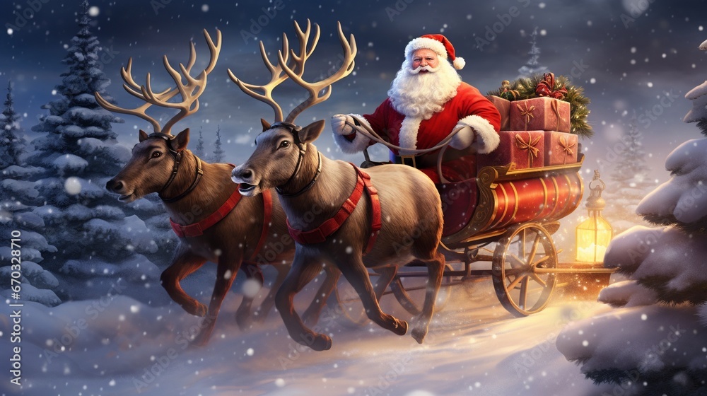 Santa claus pulled by reindeer in sleigh in the snow Stock Illustration ...