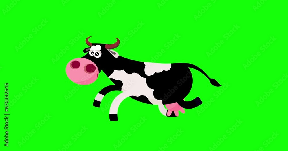 Cartoon big spotty speckled black and white 4 cow character run right ...