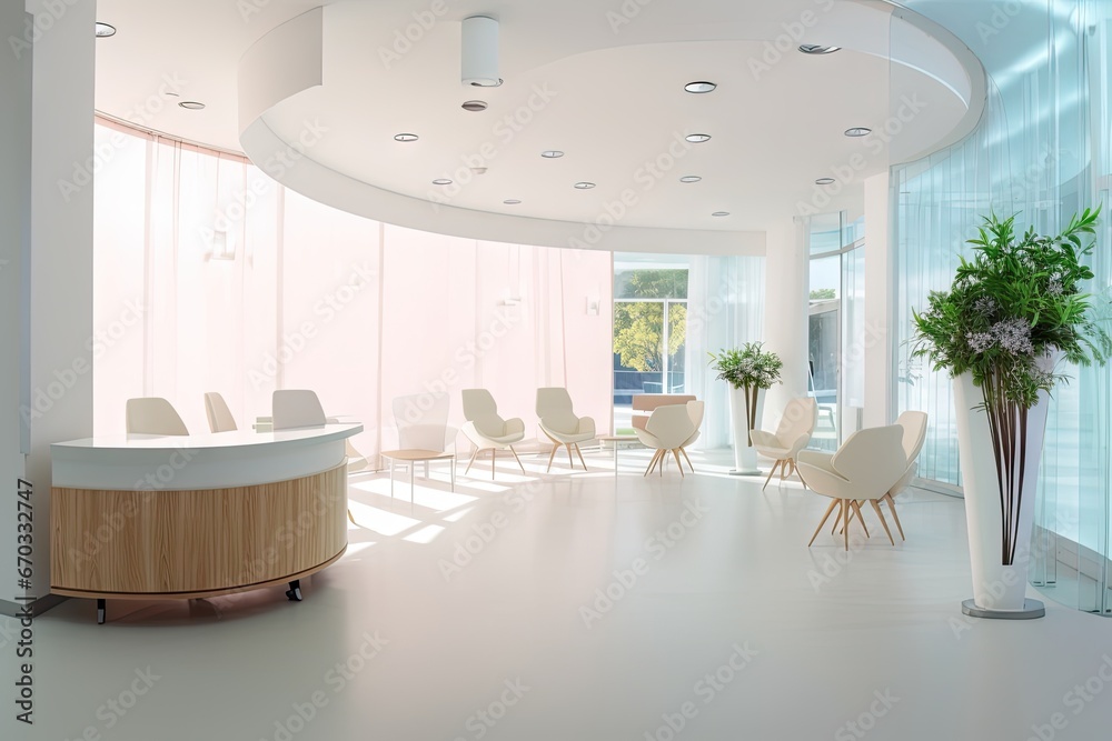 panorama bright reception waiting room clinic desk modern chairs plants ...