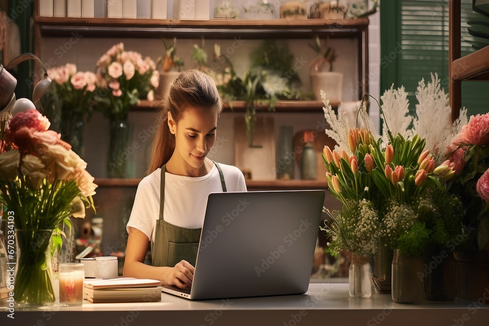 table standing florist woman counter laptop using owner shop flower ...