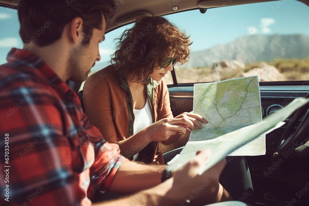 roadtrip map checking couple young traveling destination couple ...