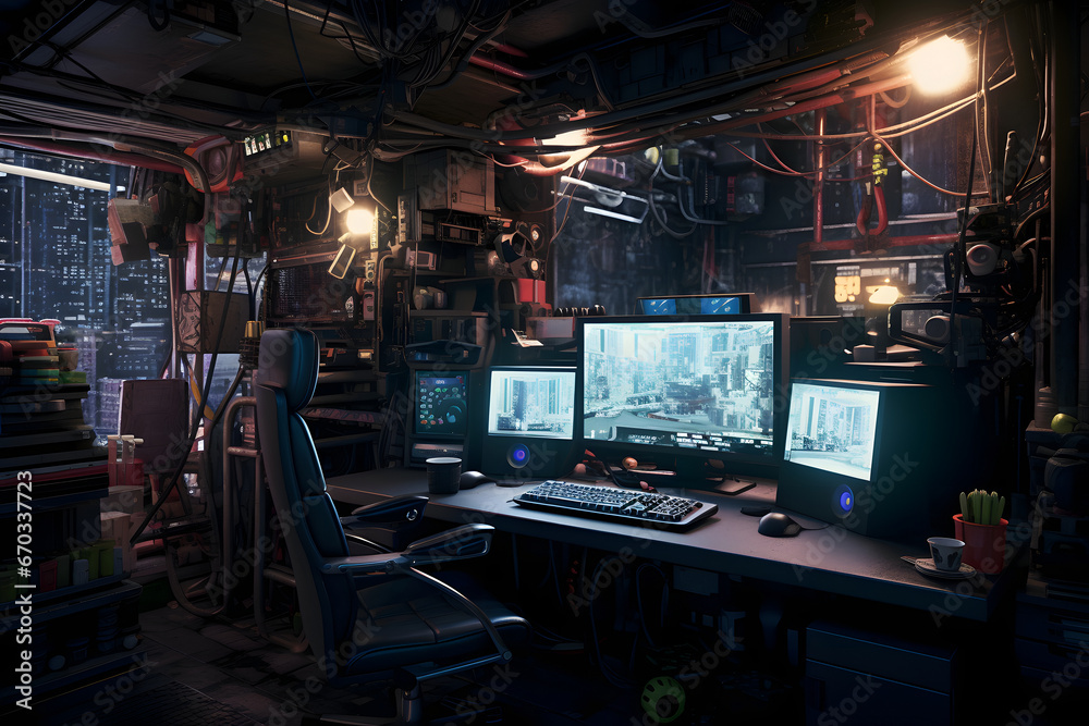 Messy and dark hi-tech cyberpunk hacker hideout room. Neural network ...