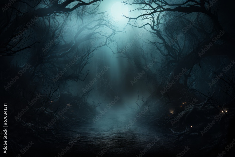 Haunted forest with mist and copy space for your Halloween themed ...