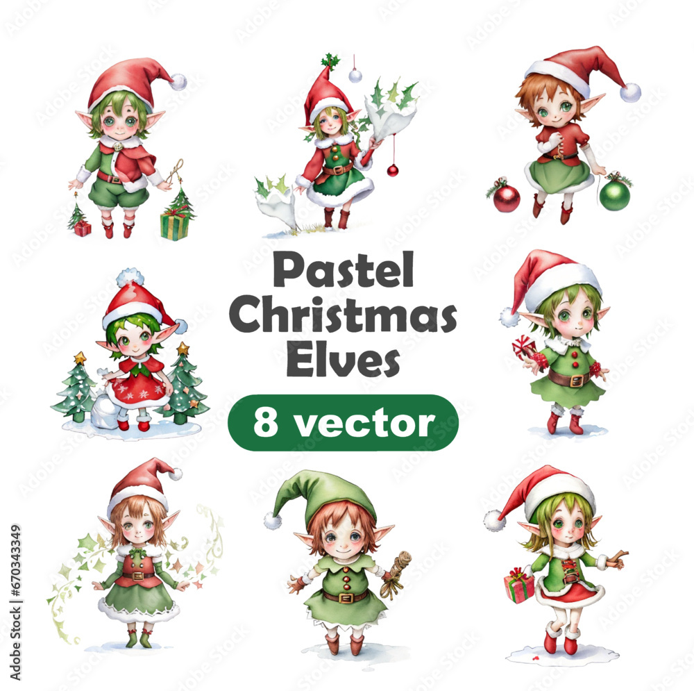 Set of cute Christmas elves with gifts. Watercolor clipart cute Santa's ...