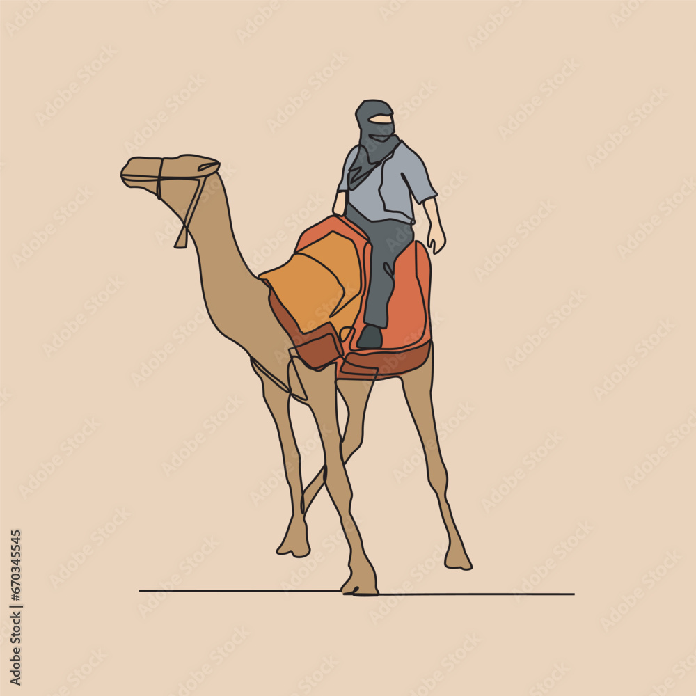 One continuous line drawing of people are riding camels in the desert ...