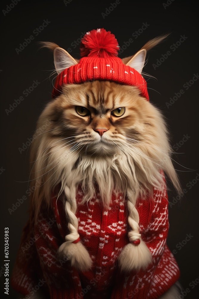 kitty cat kitten wearing red knitted sweater hat angry bored miniature ...