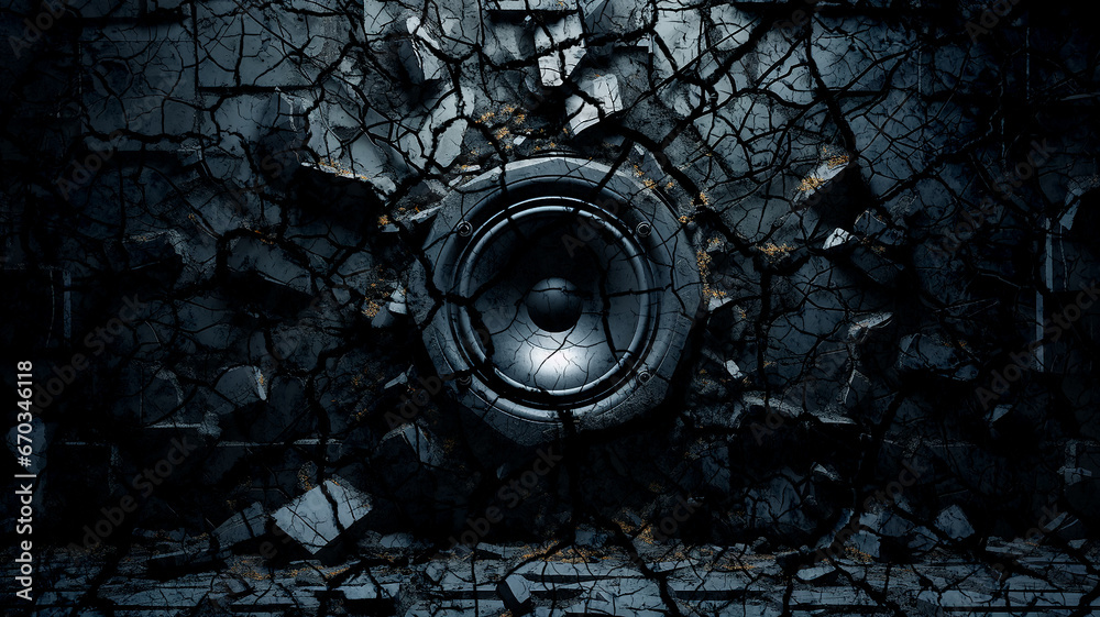 loud background music, cracks on the destroyed speaker from the ...
