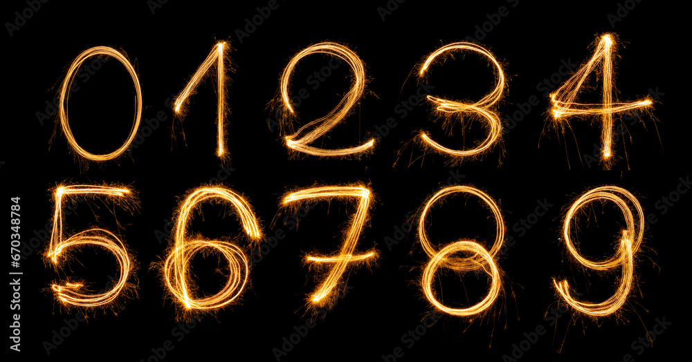 Fireworks numbers 0-9 Burning sparkler Numbers isolated on black ...
