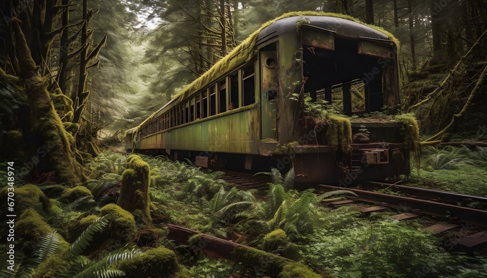 Abandoned train wreck, in the middle of a dark forest with moss Stock ...