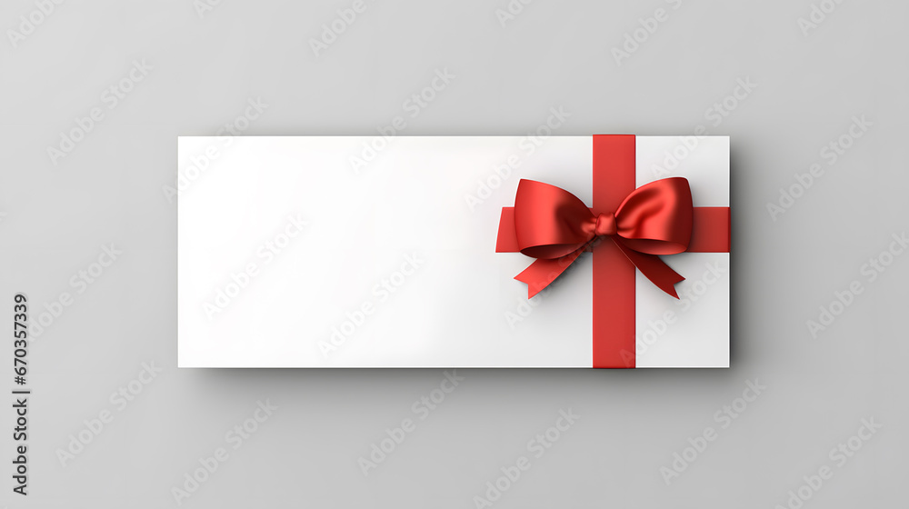 Blank white gift voucher with red ribbon bow or empty gift signboard ...