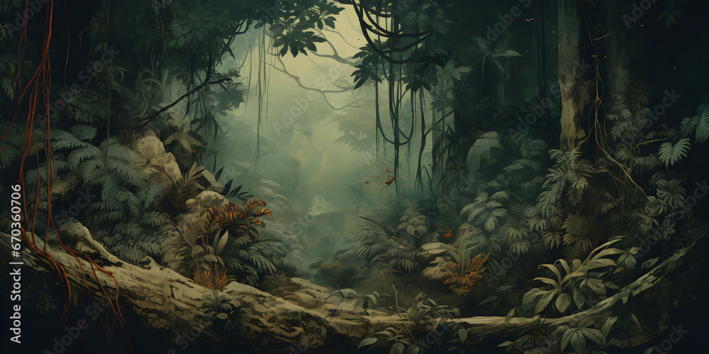 old vintage sketch of jungle landscape for wallpaper wall art Stock ...