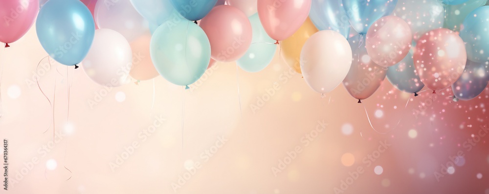 Soft gentle Birthday background composition with balloons and confetti ...