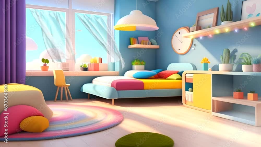 Modern children's bedroom interior in anime cartoon style. Seamless ...